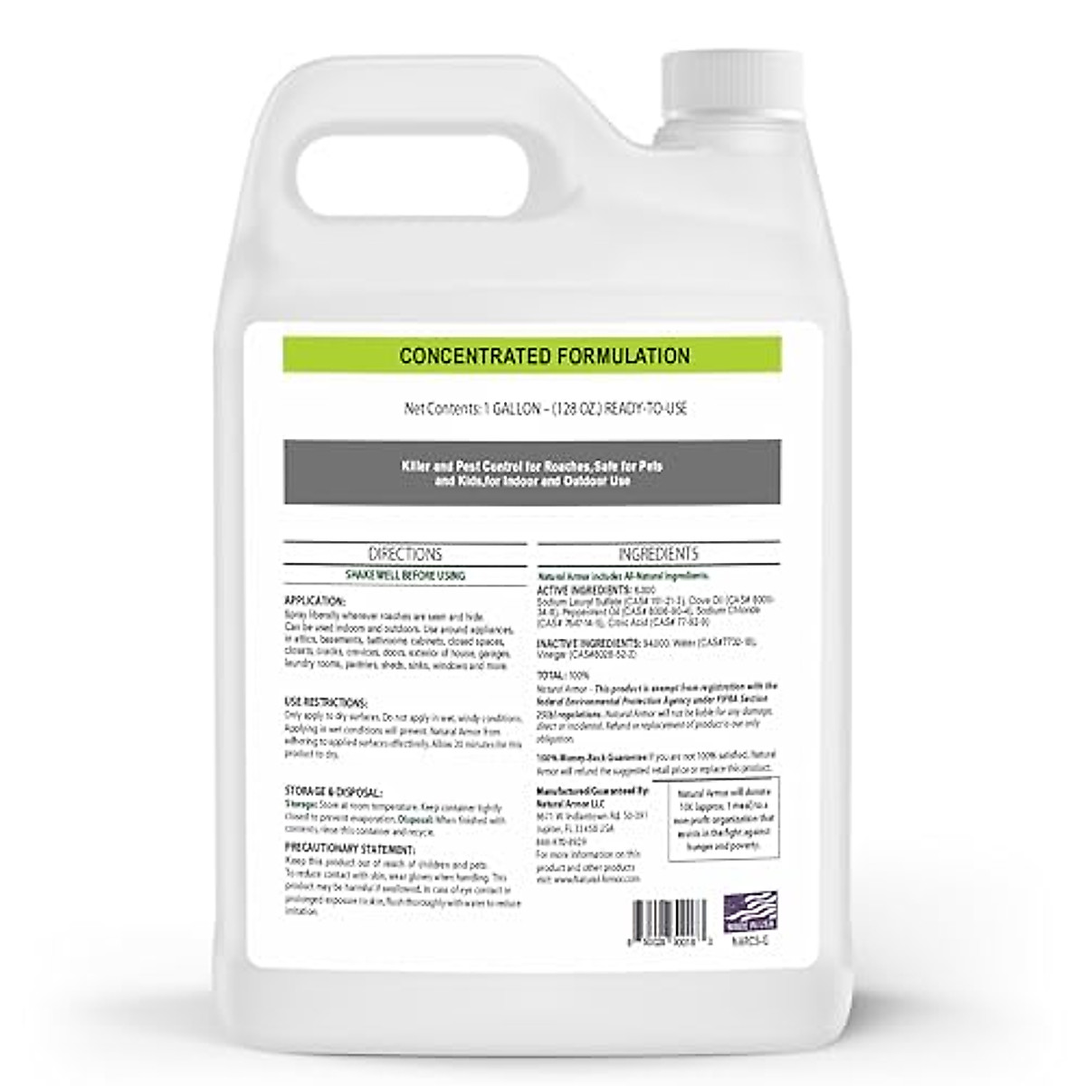Roach Killer and Peppermint Repellent for Roaches & Cockroaches -All Natural & Safe Spray for Indoor/Outdoor Infestations - Natural Armor Roach Shield, 128 Oz Gallon, Ready to Use w/Trigger Sprayer
