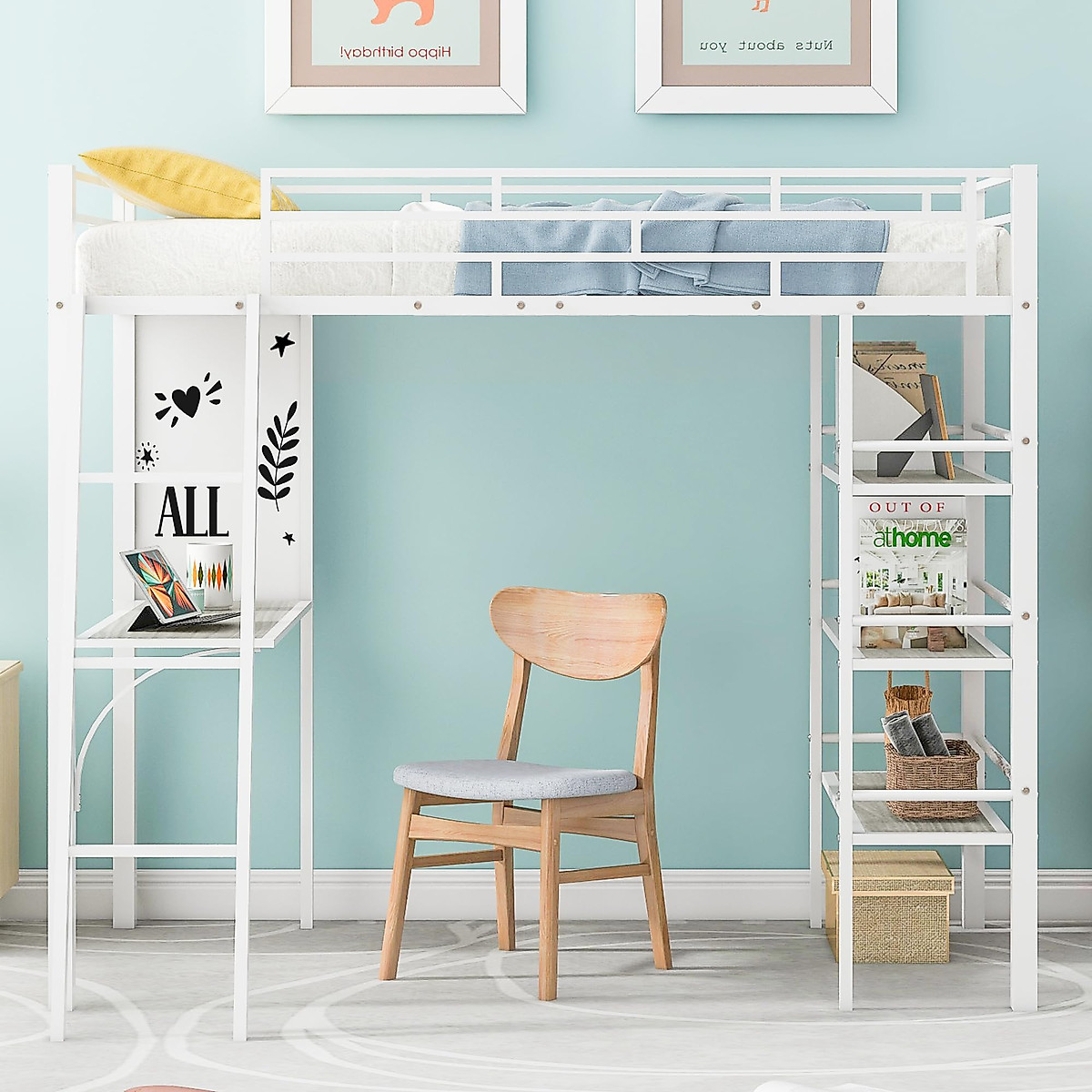 Harper & Bright Designs Metal Twin Size Loft Bed with Desk, Loft Bed Twin with 3 Layers of Shelves, Space Saving Twin Loft Bed with Desk Underneath and Whiteboard for Kids Girls,Boys,White