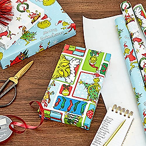 Hallmark Grinch Wrapping Paper for Kids (3 Rolls: 105 Sq. Ft. Ttl) for Christmas with Blue Tiles, White Snowflakes, Cindy Lou Who, Max