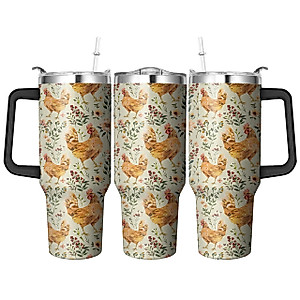 Ksoemar 40 Oz Chicken Tumbler with Handle and Straw, Double Wall Stainless Steel Mug, Insulated Rooster Cup Gifts for Chicken Lovers, Travel Mug