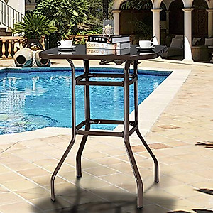 VINGLI Outdoor Bar Table Metal Brown Patio Bar Table, Tempered Glass Table Top Outdoor Console Tables Pub Table for Patio High Top Table