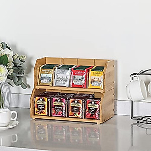 2 Tier Bamboo Tea Bag Organizer, Tea Holder for Tea Bags Organizer Wood Tea Bags Storage Box with Divider Stackable Vertical Teabag Rack Containers for Kitchen Cabinet Countertop(Patented Design)
