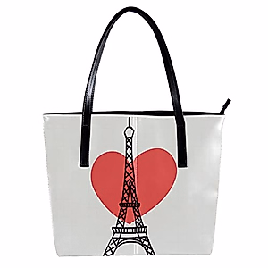 Simple Eiffel Tower with Red Heart Tote Bag for Women Girls, Leather Shoulder Bag with Inside Pockets, Zip Top Handbags