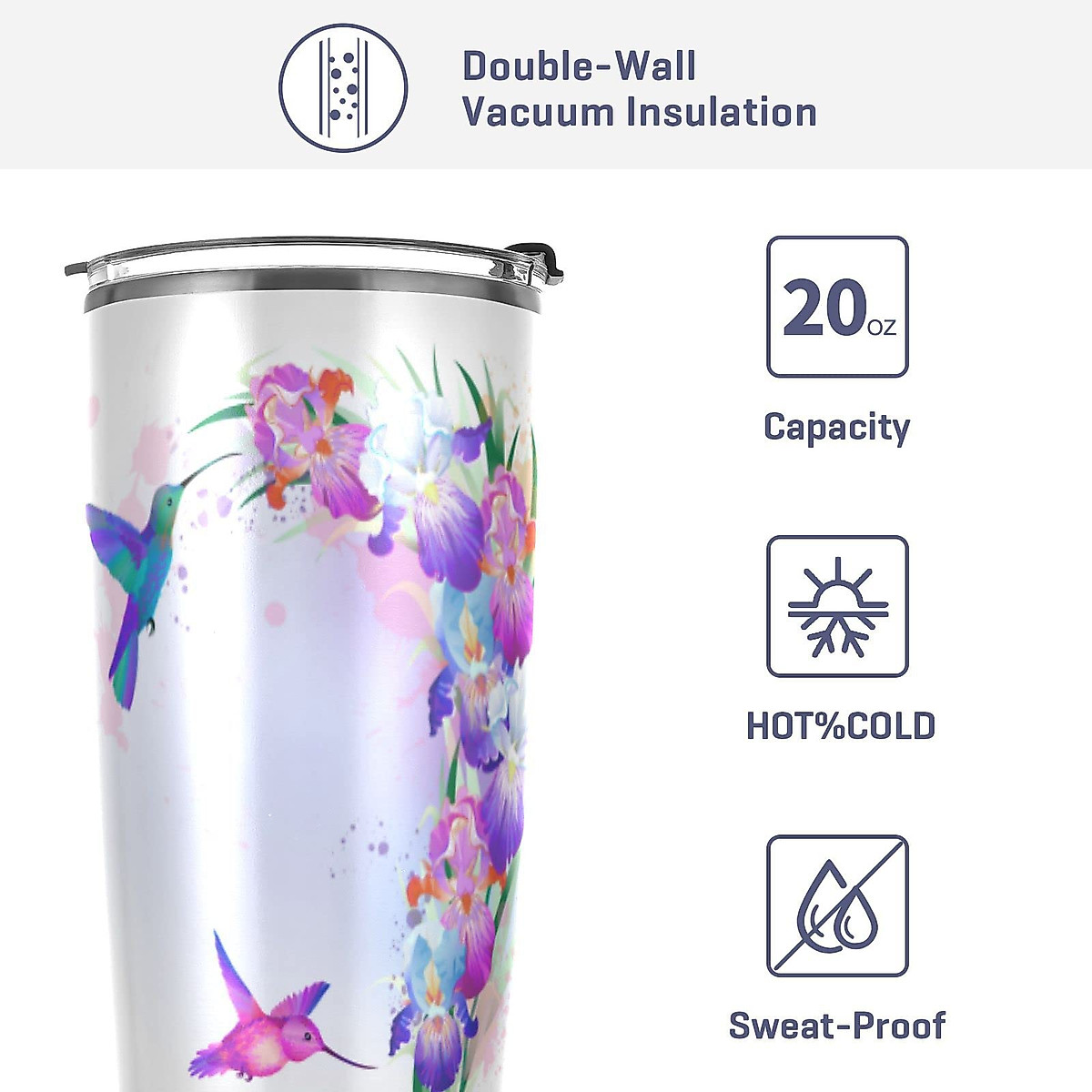 Bright Iris Flowers Hummingbirds Travel Mug Insulated Tumbler with Lid and Straw Spring Floral Beautiful Stainless Steel Vacuum Double Walled Drinking Cup Keeps Drinks Cold&Hot Water Bottle for Trave