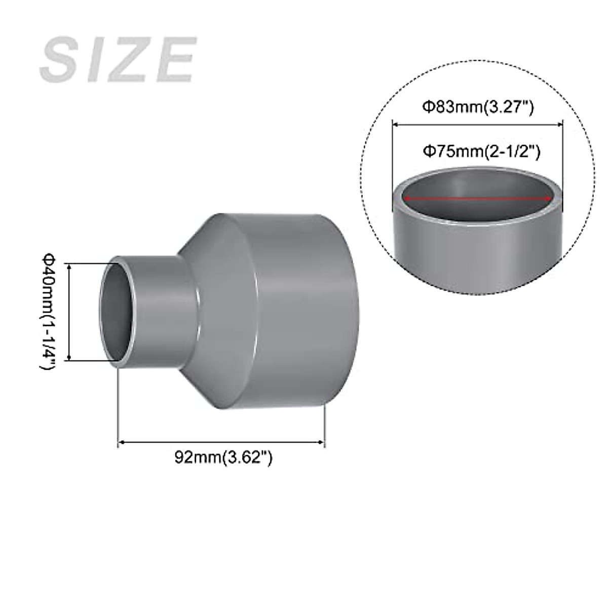METALLIXITY Duct Reducer, (2-1/2 to 1 -1/4 Inch), PVC Pipe Increaser DWV Reducing Coupling - for Water Supplies Build, DIY, Garden Shelf Greenhouse, Gray
