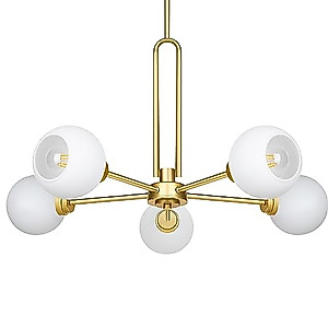 Gold Globe Chandelier Pendant Lighting, 5-Light Kitchen Light Fixtures, Mid-Century Modern Large Semi-Flush Ceiling Light Fixture with Frosted Globe Glass for Dining Room Living Room Bedroom Brass