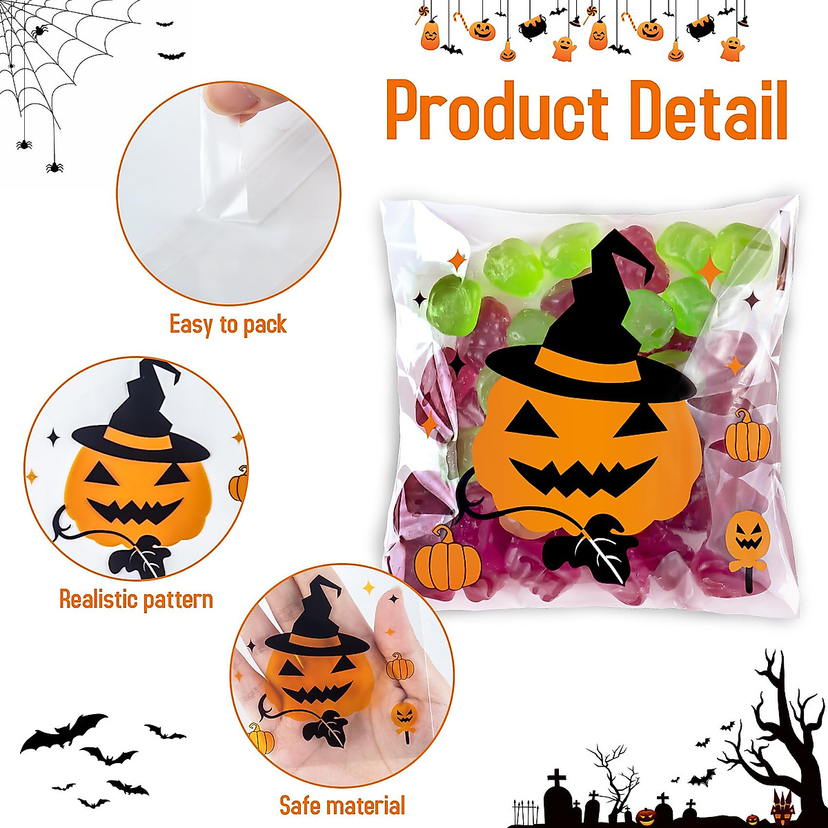 Eunvabir 160 PCS Halloween Cellophane Ziplock Treat Bags, Halloween Self Adhesive Candy Goodie Snacks Gift Bags Plastic Clear Trick or Treat Party Favors/Classroom Prizes