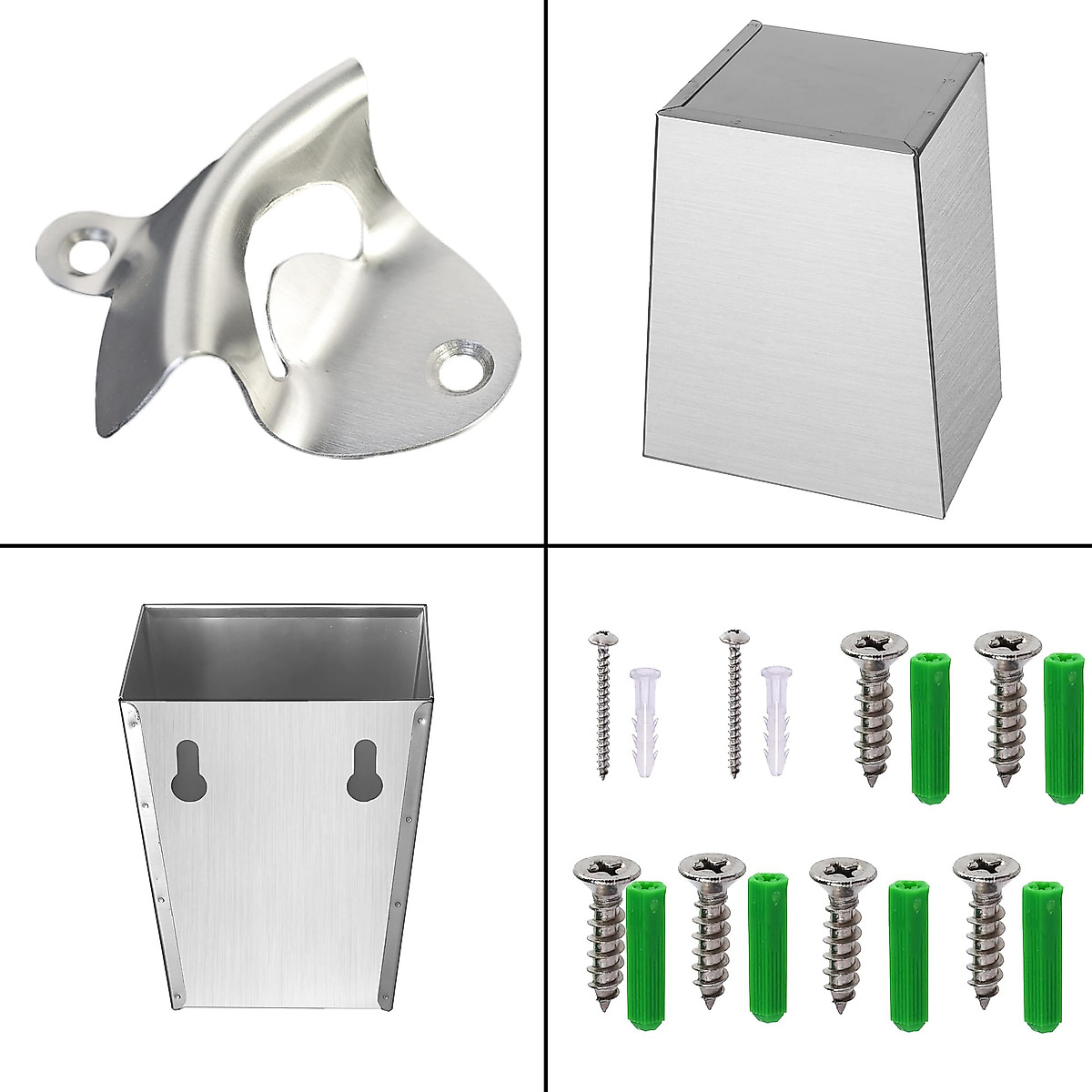 Jumiok Stainless Steel Bottle Cap Opener Wall Mounted Beer Bottle Opener with Cap Catcher Narrow Bundle (3 Openers and 1 Bin)
