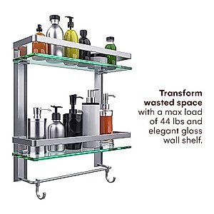 Vdomus Glass Bathroom Wall Organizer Shelf, 2-Tier Glass Shelf with Integrated Towel Bar Wall Mounted Shower Storage 15.2 by 5 inches, Brushed Silver Finish (2 Tier Glass Shelf)
