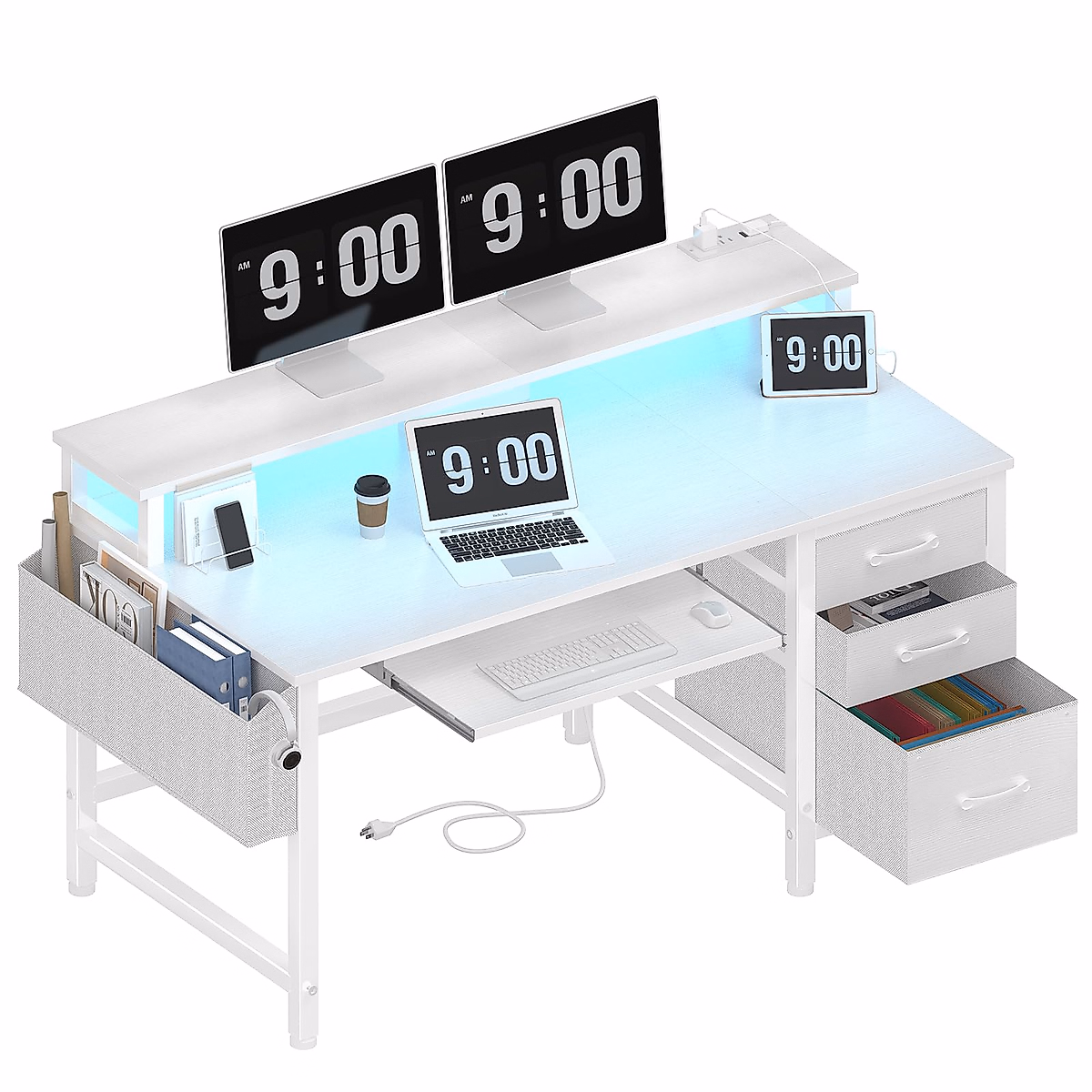 Lufeiya White Computer Desk with File Drawers Cabinet, 47 Inch Home Office Desks with Keyboard Tray, Gaming Desk with LED Lights and Power Outlets, Writing Table PC Desks with Monitor Stand, White