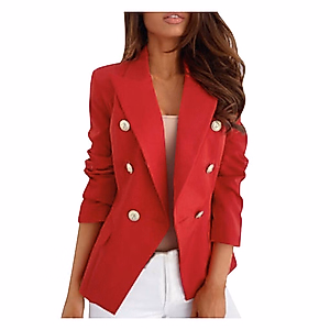 WUAI-Women Casual Blazers Plus Size Long Sleeve Open Front Work Office Fitted Suit Jackets with Pockets(Red,X-Large)