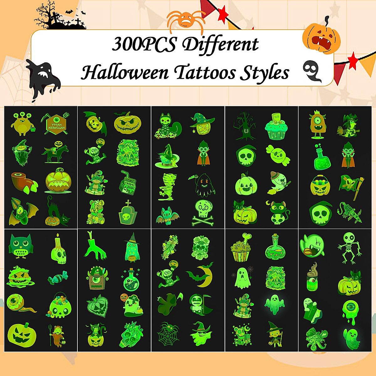 300PCS Halloween Glow Tattoo Stickers,Temporary Waterproof Tattoo Stickers Halloween Party Favors Decoration,Goodie Bag Fillers and "Trick or Treat" Gifts for Kid