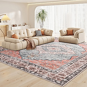 MTOUOCK Washable 8x10 Area Rugs, Non Slip Boho Area Rug Washable, Vintage Distressed Area Rugs 8 x 10 Area Rugs Indoor for Living Room Bedroom (8'x10', Brick/Rust/Red)