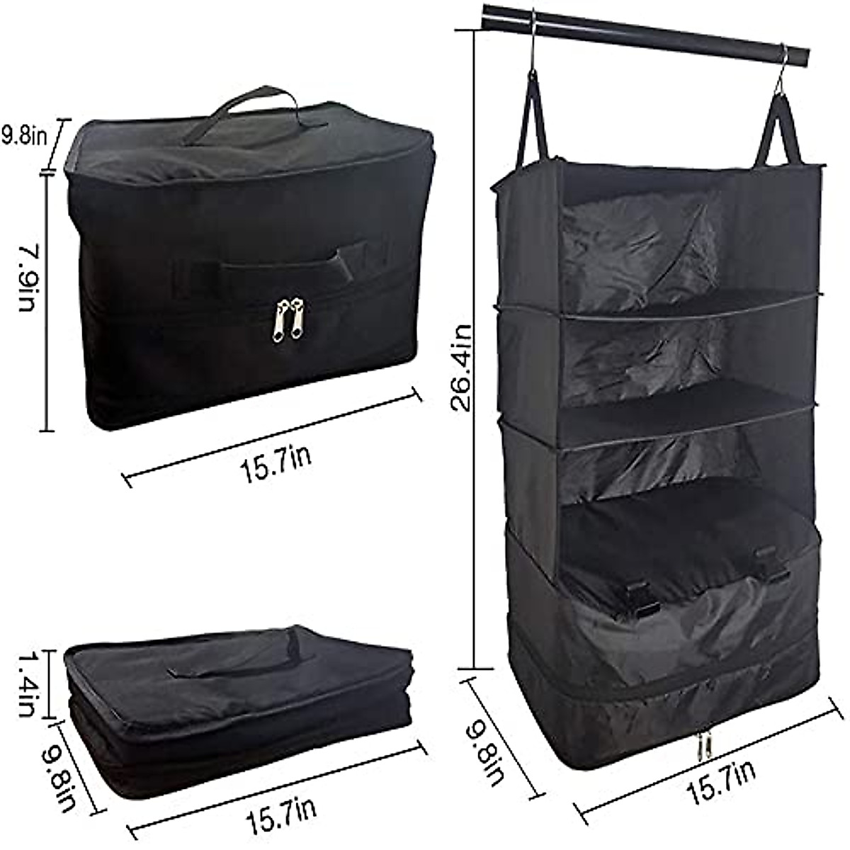 Zqyuboo Portable Hanging Travel, 3-Shelf Hanging Closet Organizer, Collapsible Hanging Closet Shelves, Hanging Organizer for Closet & RV, Large (Black)