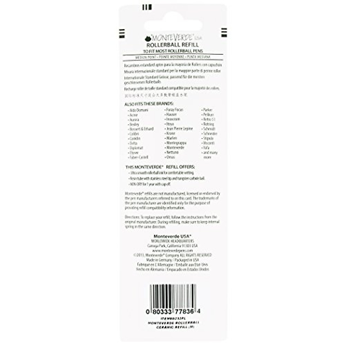 Monteverde Ceramic Rollerball Refill for Capped Rollerball Pens, Blue, 6 Pack (G233BU)