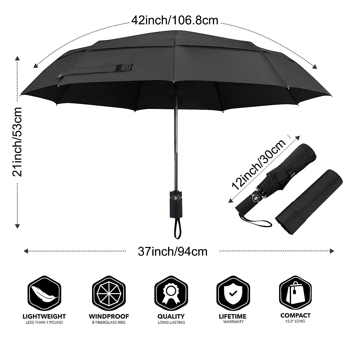 Amazon Brand - Pinzon Umbrella Compact Travel Umbrellas Strong Durable Windproof Umbrella for Rain Portable Umbrella - Reinforced Canopy, Ergonomic Handle, Auto Open/Close - Black