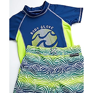 Body Glove Boys’ Rash Guard Set - UPF 50+ Swim Shirt and Bathing Suit Trunks - Swimwear Set for Boys (4-12), Size 8, Navy Green Swirls