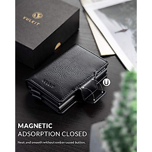 VULKIT Credit Card Holder RFID Blocking Leather Automatic Pop Up Wallet Magnetic Wallet Double Card Case for Men and Women Cross Black