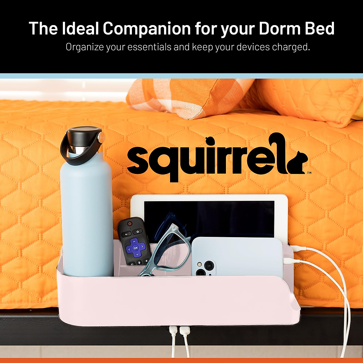 Squirrel-Bedside Perch for College Dorm Room Lofted Bed, Floating Organizer with USB-C & A Charging Ports, Small Spaces, Bed Side Caddy & Nightstand, Device & Bottle Holder, Dorm Essential, Pink