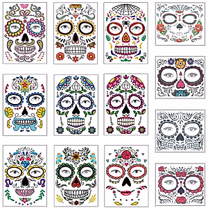 COKOHAPPY Halloween Temporary Face Tattoos Makeup Kit (13 Pack), Day of the Dead Sugar Skull Floral Black Skeleton Web Red Roses Full Face Mask Stickers Tattoo Families Party Supplies