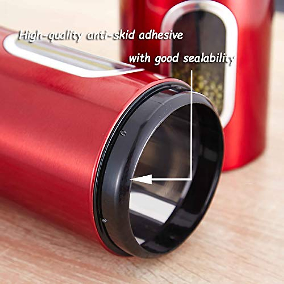 JENNIMER 3PC Kitchen Canister Set for Sugar Food Tea Coffee Candy Storage Jars Stainless Steel with Transparent Windows (Red)