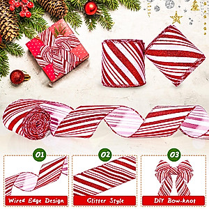 2 Rolls 20 Yards Red and White Striped Ribbons, 2.5 Inch Wide - Candy Cane Glitter Ribbons for Christmas Tree and Gift Wrapping