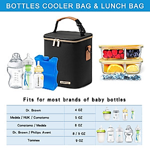 BABEYER Breast Milk Cooler Bag with Ice Pack Fits 4 Baby Bottles Up to 9 Ounce, Baby Bottle Bag with Shoulder Strap for Nursing Mom Daycare, Black
