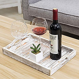 MyGift Shabby Chic Whitewashed Wood Breakfast Serving Tray with Cutout Handles