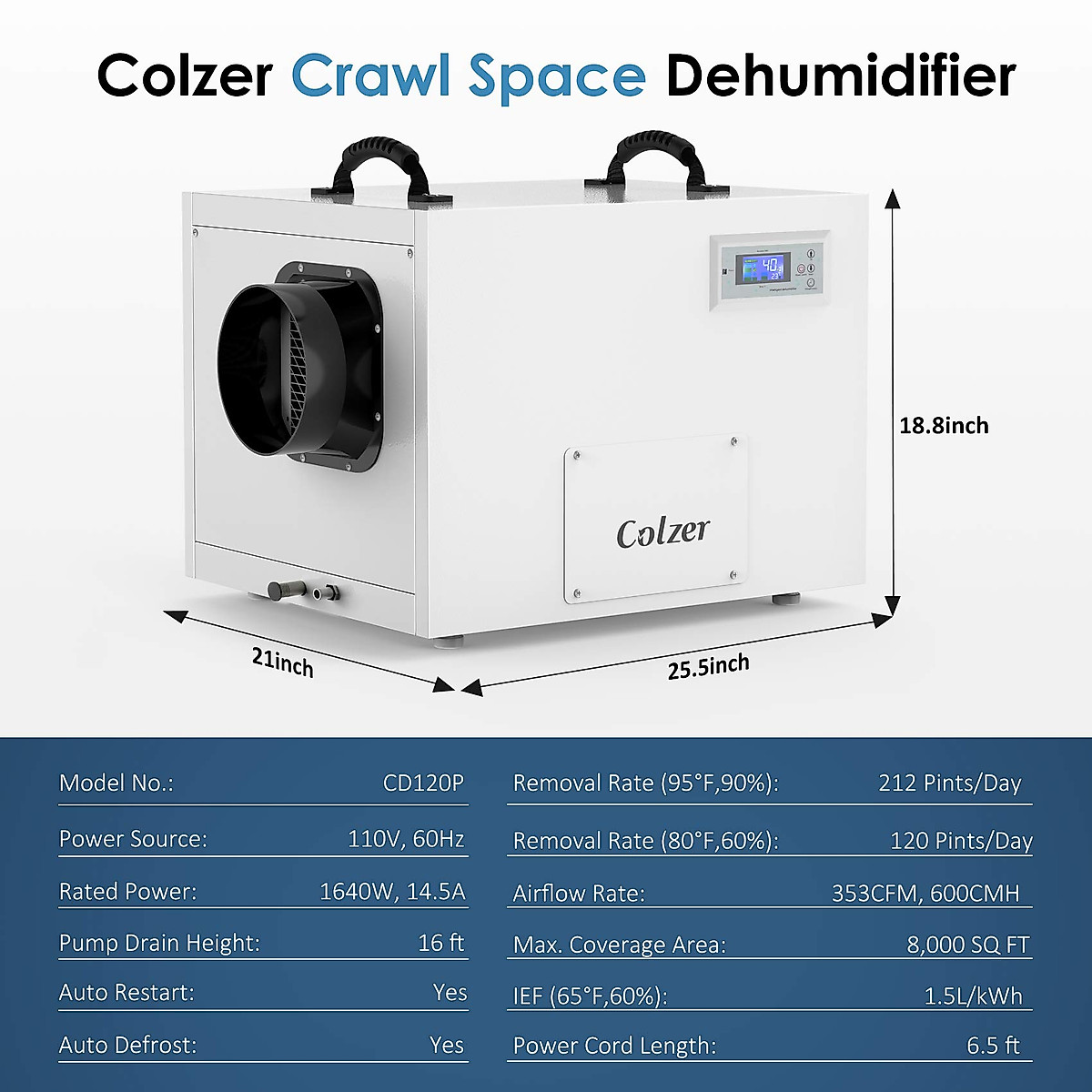 COLZER 212 Pints Crawl Space Commercial Dehumidifier with Pump and Drain Hose, Industry Water Damage Unit for up to 8,000 sq ft Basements, Ideal for Industrial or Whole Home