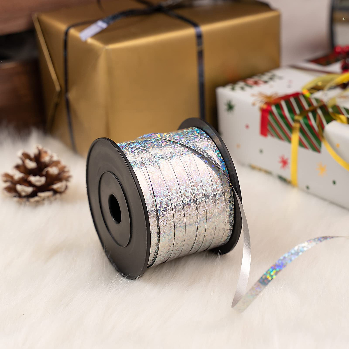WRAPAHOLIC 6 Rolls Total 600 Yards Crimped Curling Ribbons - 5 MM x 100 Yards/Roll Balloon String Roll (Gold, Silver, Black) - for Christmas, Birthday, Party, Flowers Decoration, Arts and Crafts