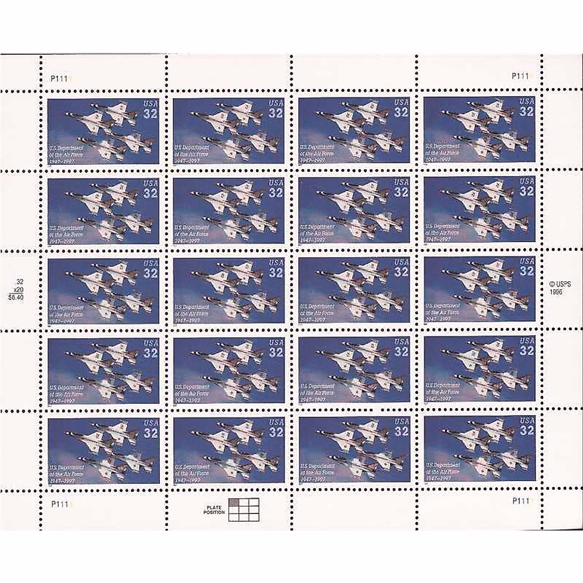 U.S. AIR Force - F-16c Fighter Jets Sheet of Twenty 32 Cent Stamps Scott 3167