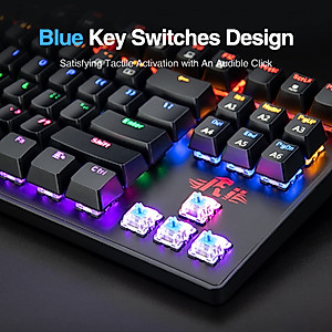 Rii RK908 Mechanical Gaming Keyboard RGB LED Rainbow Backlit Wired Compact Keyboard with Blue Switches 87 Keys for Windows PC Gaming