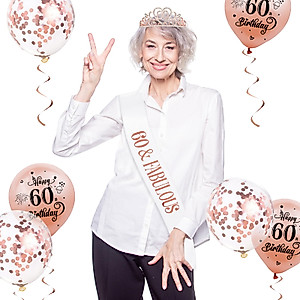 SKJIAYEE 60th Birthday Party Sash and Tiara Kits-60th ‘FABULOUS’ White Sash and Glitter Rose Gold Crown and Birthday Balloons for Women Birthday Party Decorations Supplies