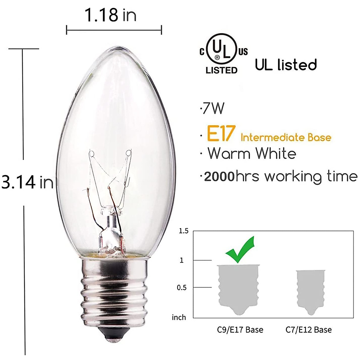 Pallerina 25 Pack C9 Clear Incandescent Bulbs, C9 Christmas Light Bulbs Replacement Light Bulb, 7 Watt Night Light Bulbs C9/E17 Intermediate Base, Candle Light Bulbs
