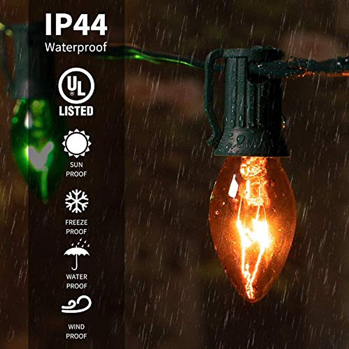 50 Feet C9 Bulb String Lights Outdoor Multicolored Christmas Lights Green Wire for Outdoor Patio Room Christmas Tree Party Backyard Decoration, E17 Base, 50 Bulbs