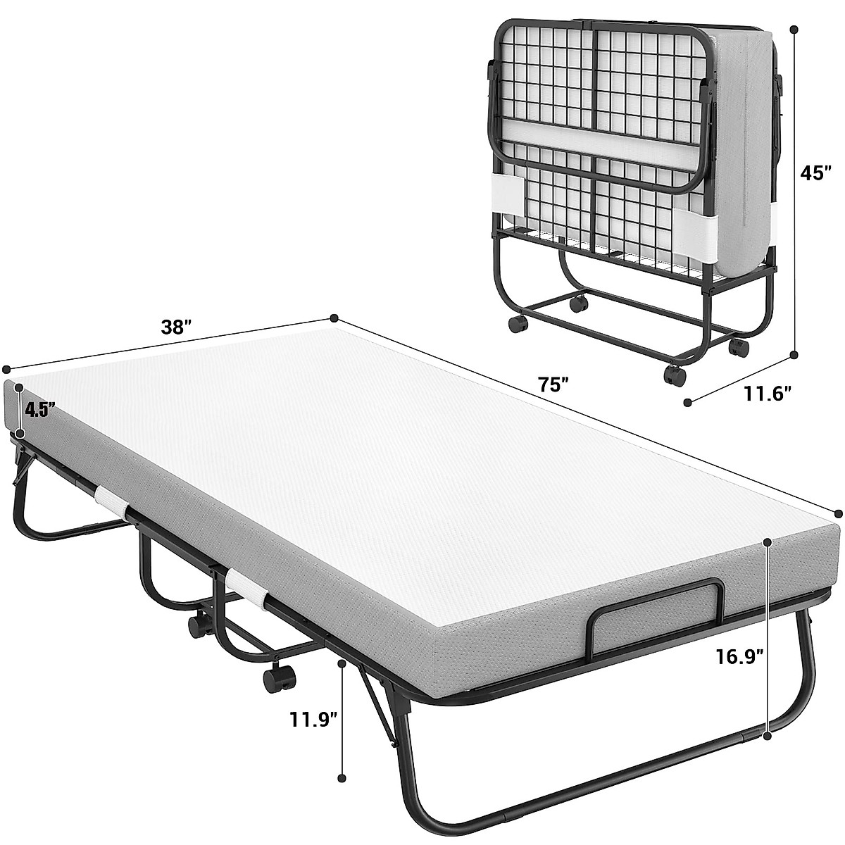 Homieasy Folding Bed with Mattress - 38 Inch Twin Size Rollaway Bed for Adults, Portable Foldable Bed with Storage Cover, Extra Guest Bed on Wheels (75” x 38”)