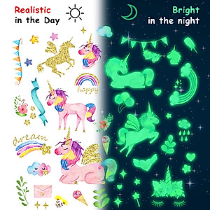4 Sheets Glow in The Dark Unicorn Decals Glowing Moon Star Rainbow and Castle Wall Stickers Luminous Unicorn Peel and Stick Wall Art Decor for Kids Girls Bedroom Ceiling Birthday Party Nursery