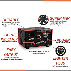 Pyramid Universal Compact Bench Power Supply - 10 Amp Linear Regulated Home Lab Benchtop AC-to-DC Converter w/ 13.8 Volt DC 115V AC 250W Input, Screw Type Terminal, 12V Car Cigarette Lighter-PS15K.5