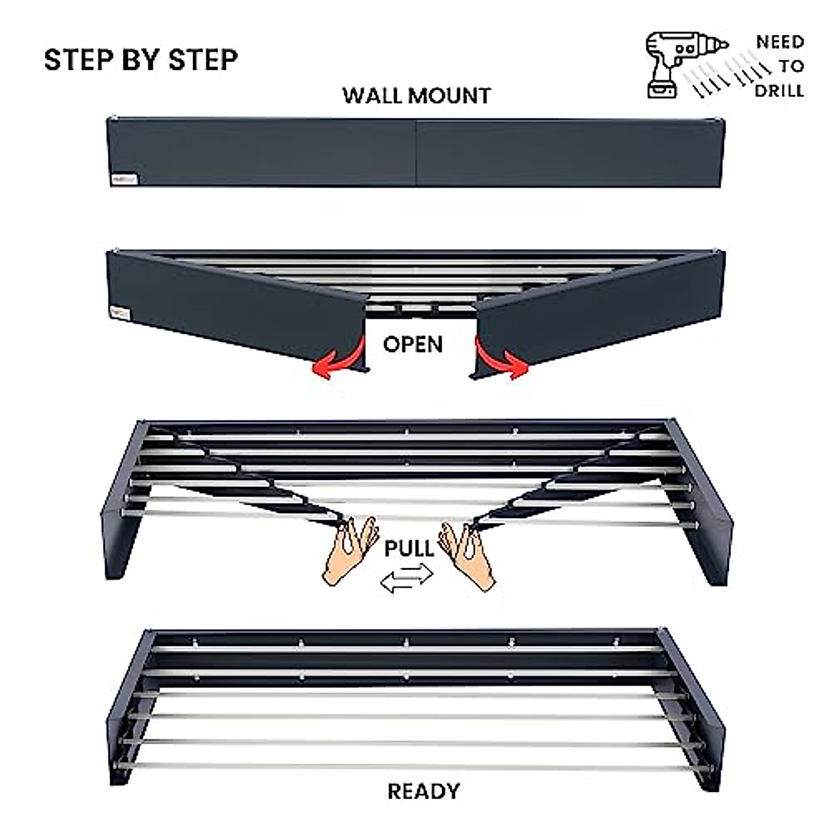 NEBU Clothes Laundry Drying Rack 40”- an Elegant Wall-Mounted Hanger, Folding Stainless Steel Collapsible, Space Saver with 20 Linear feet, Drying Capacity 40lbs