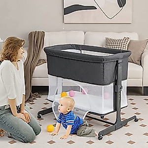 BABY JOY 3-in-1 Bassinet Bedside Sleeper, Playpen & Baby Crib w/Mattress, 5 Adjustable Heights, Lockable Wheels & Travel Bag for Safe Cosleeping, Portable Baby Bassinet for Infants Newborn (Black)