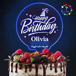 LED Personalized Happy Birthday Cake Toppers 7 Colour Changes Light Up Cake Topper Acrylic Cake Toppers Cake Decorations for 1st 16th 18th 20th 21st 30th 40th 50th 60th 70th(Design1)