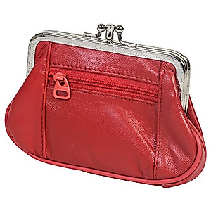 Women's Leather Metal Frame Double Clasp Zipper Coin Purse 5 1/4" x 3 1/4" (Red)