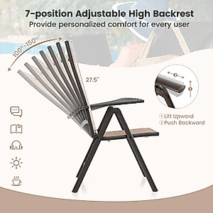 Giantex Folding Patio Chairs, High Back Outdoor Chairs with 7-Level Adjustable High Backrest, Portable Reclining Chairs for Lawn Porch Garden Poolside Camping, No Assembly (Brown, 1 Count (Pack of 1))