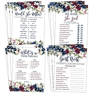 Your Main Event Prints Navy and Burgundy Floral Bridal Shower Bachelorette Games - He Said She Said, Find The Guest Quest, Would She Rather, What's in Your Phone - 25 - Printed Front and Back