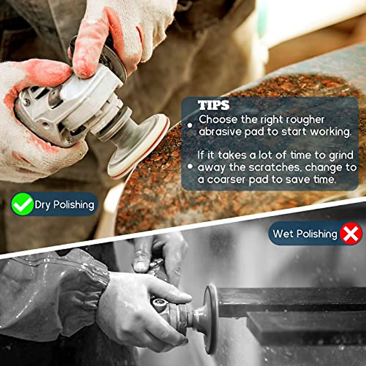 7 Packs Dry Diamond Polishing Pads 4 Inch with 5/8”-11 Rubber Backer Pad 6PCS Dry Polish Pad Kit 50-2000 Grit for Drill Grinder Polisher Granite Marble Concrete Stone Countertop Quartz Polishing