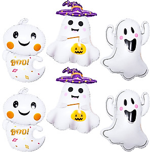 6Pcs Ghost Halloween Balloons Decorations， Giant Spooky Foil Mylar Balloons for Halloween Spooky Themed Birthday Baby Shower Wedding Party Decor Supplies
