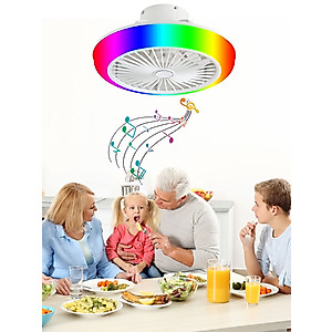 Bluetooth Ceiling Fan with Light and Speaker LED Color Enclosed Bladeless Low Profile Ceiling Fan With Light and Remote Control , Modern White Flush Mount RGB Ceiling Fan for Bedroom Dining Kids Room