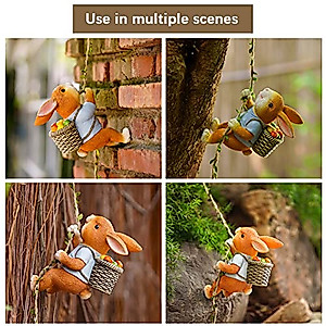 Pearlead Resin Climbing Rabbit Statue with Hanging Rope and Hook Bunny Garden Sculpture Rabbit Figurine Home Decor Bunny Statue Decor for Indoor and Outdoor