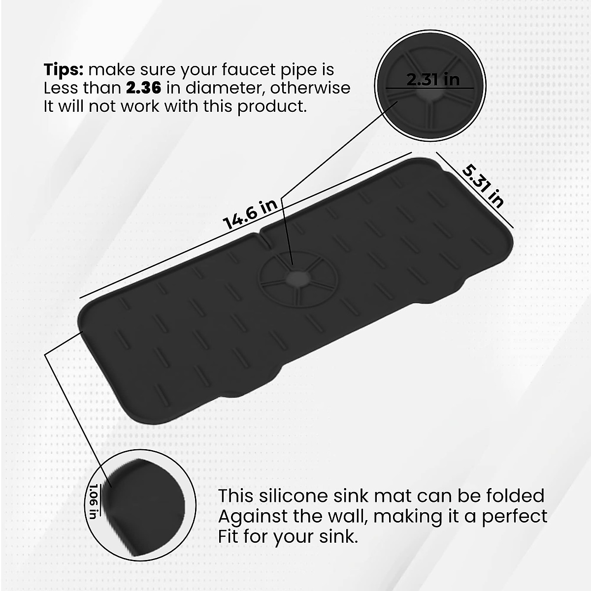 Kitchen Sink Splash Guard, Silicone Faucet Handle Drip Catcher Tray Mat Drains Water & Keeps The Countertop Dry | Behind Faucet Sink Protectors, Drying Mats for Home & Bathroom (Black, 1 Pack)