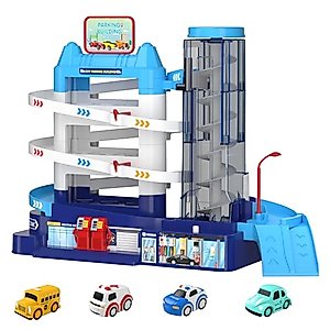 Race Car Track Garage Toy - 2 in 1 Electric 3-Story Parking Building with Elevator, Light & Sound, 4 Mini Cars, Toy Vehicle Play Set for 3 4 5 6 Years Old Boys Girls Kids Toddlers